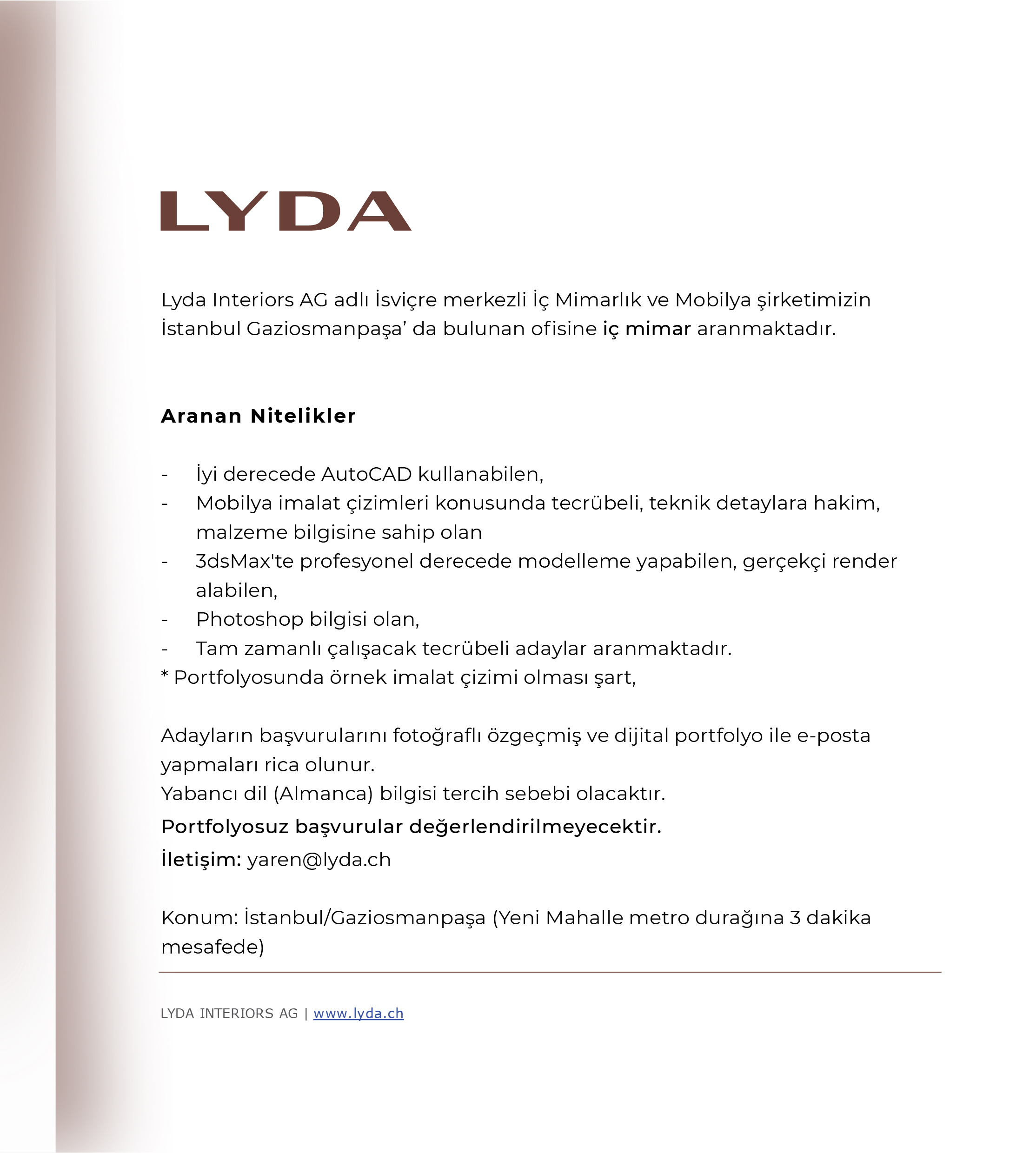 Lyda Interiors Ekip Arkadaşları Arıyor - Arkitera