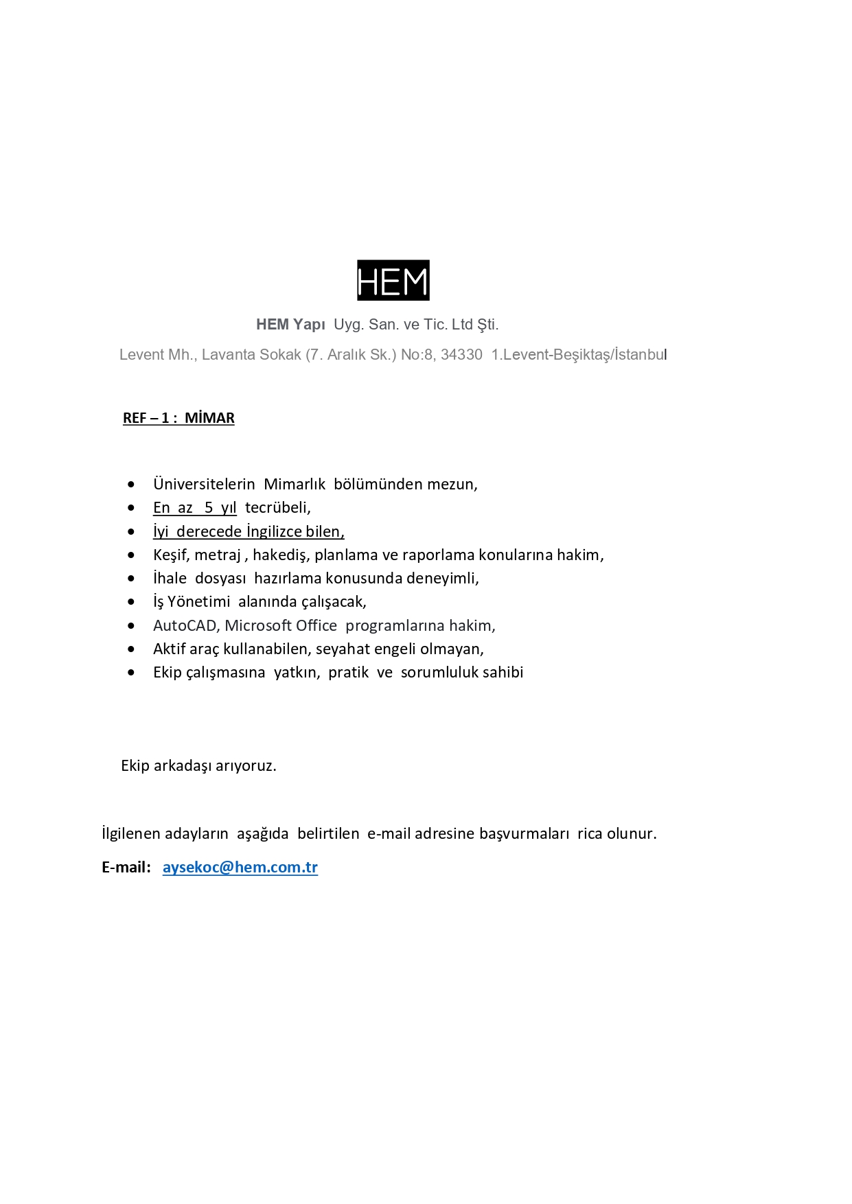 HEM Yapı Ekip Arkadaşı Arıyor. - Arkitera
