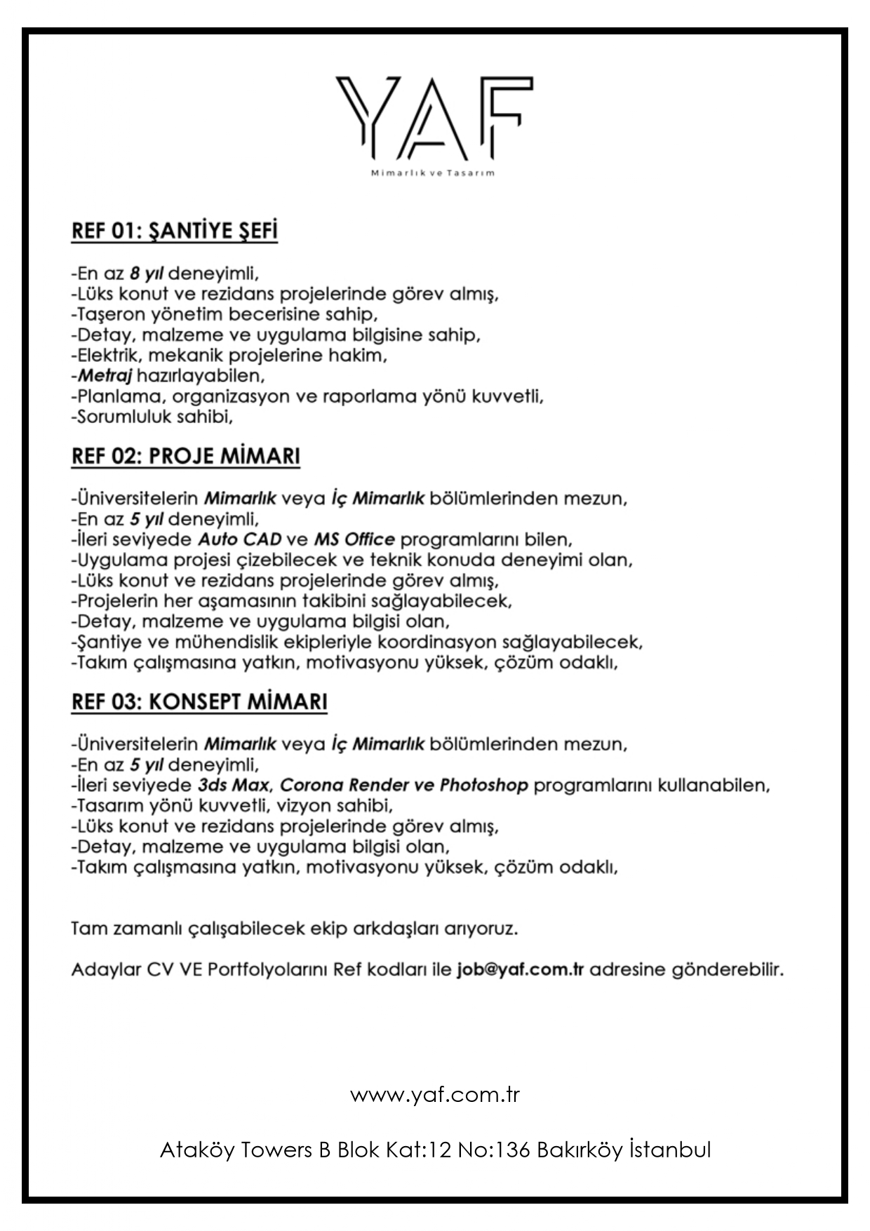 YAF MİMARLIK VE TASARIM Ekip Arkadaşları Arıyor - Arkitera