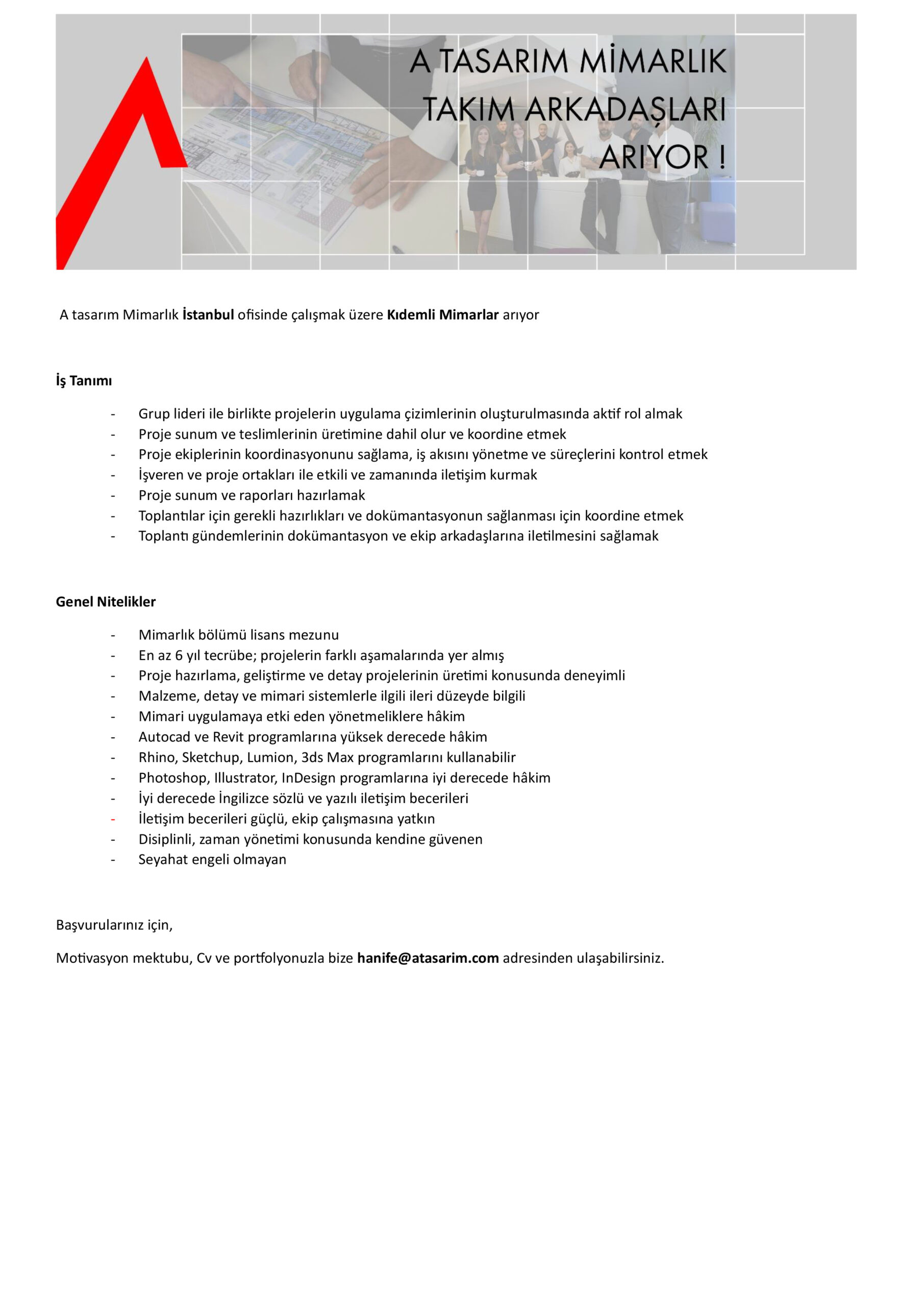 A TASARIM MİMARLIK Takım Arkadaşları Arıyor (İstanbul) - Arkitera